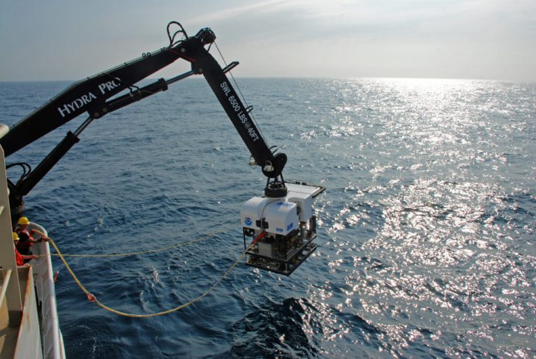 ROV Deep Discoverer (D2), is deployed off of the Okeanos. Credit: NOAA ...